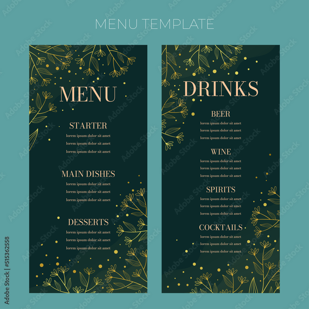 Floral wedding Menu template in elegant golden style, invitation card ...