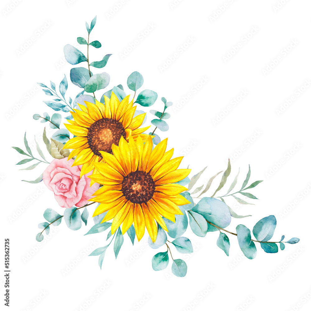 Watercolor sunflowers bouquet, hand painted sunflower bouquet, sunfower ...