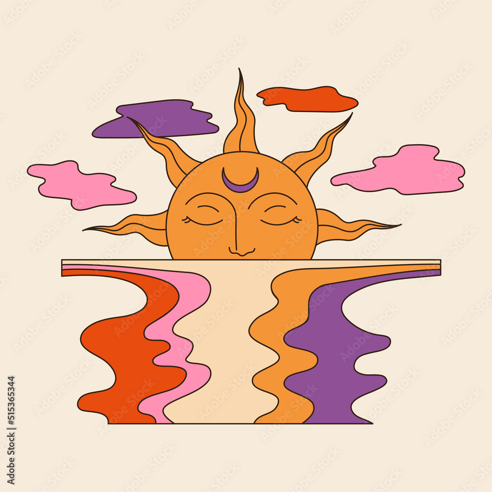 Retro groovy sunset with colorful water reflection. 60s and 70s vibes ...