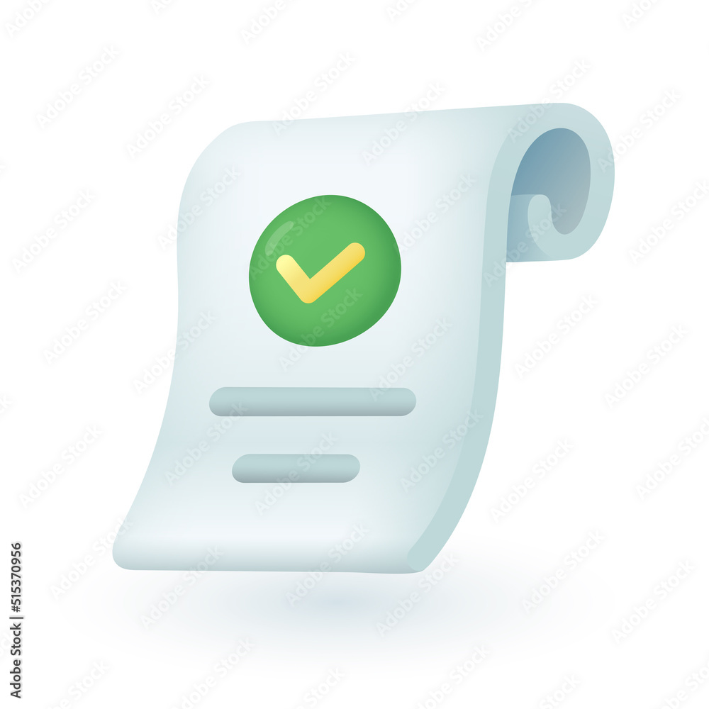 3d cartoon style curved sheet of paper with green checkmark icon ...