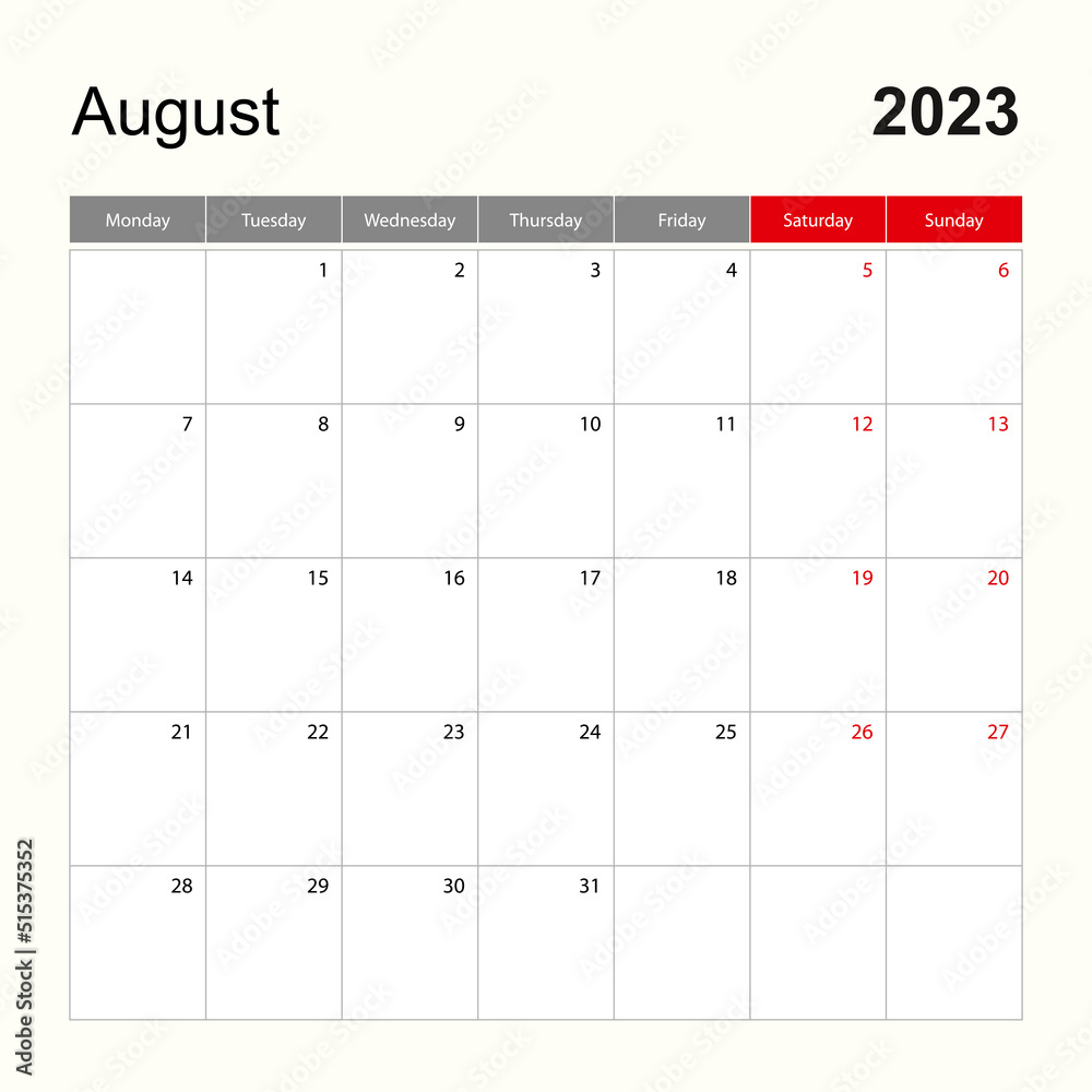 Wall calendar template for August 2023. Holiday and event planner, week ...