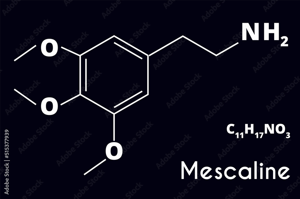 Mescaline molecule isolated on black background. Recreational drug ...