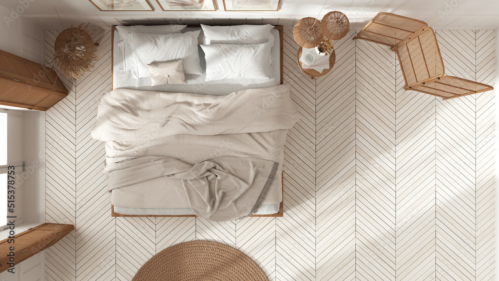 Wooden country bedroom in white tones. Mater bed with blankets. Windows ...