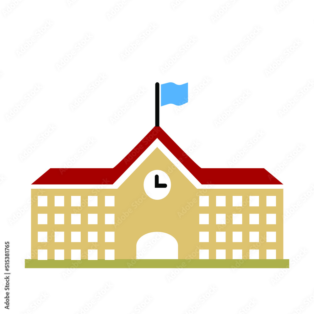 School with a green lawn. Icon. Flat vector illustration isolated on ...
