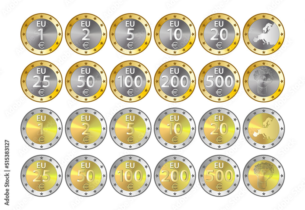 European Union tokens or medals vector set. Obverse and reverse of ...