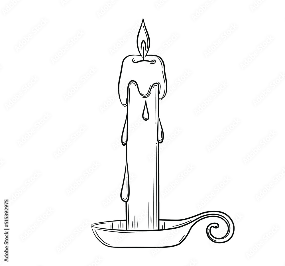 Wax candle in a hand-drawn candlestick. Sketch in doodle style. A ...