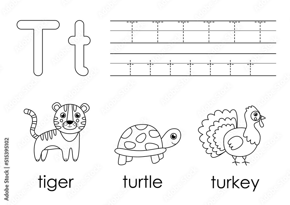 Learning English alphabet for kids. Letter T. Coloring book. Stock ...