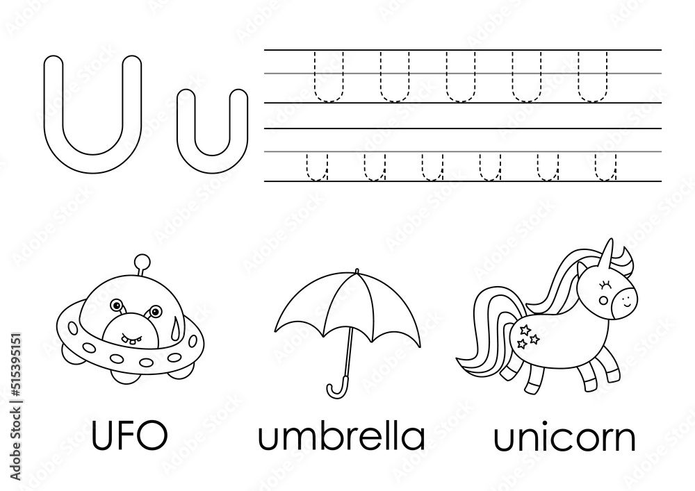 Learning English alphabet for kids. Letter U. Coloring book. Stock ...