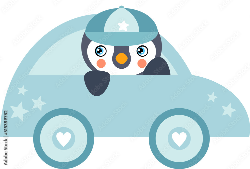 Cute baby boy penguin on blue toy car Stock Vector | Adobe Stock