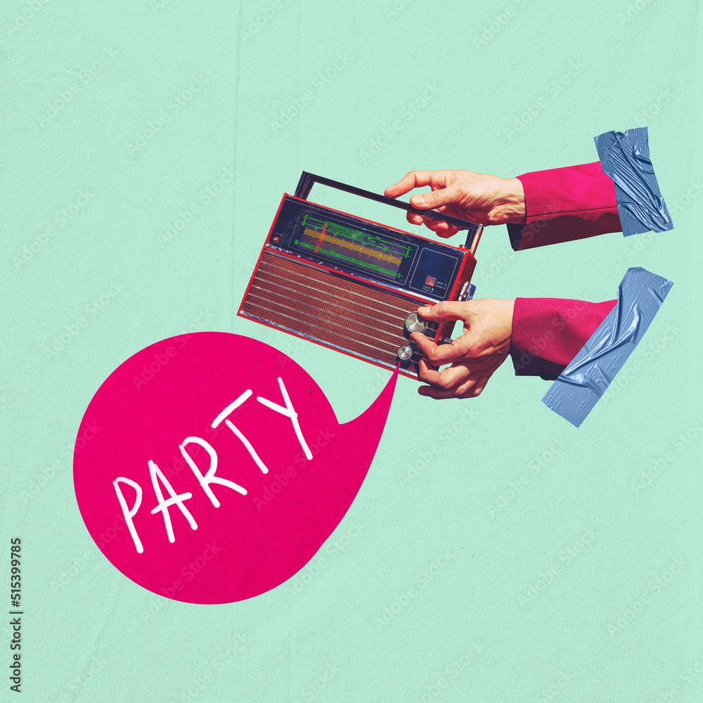 Contemporary art collage. Creative design with vintage radio set ...