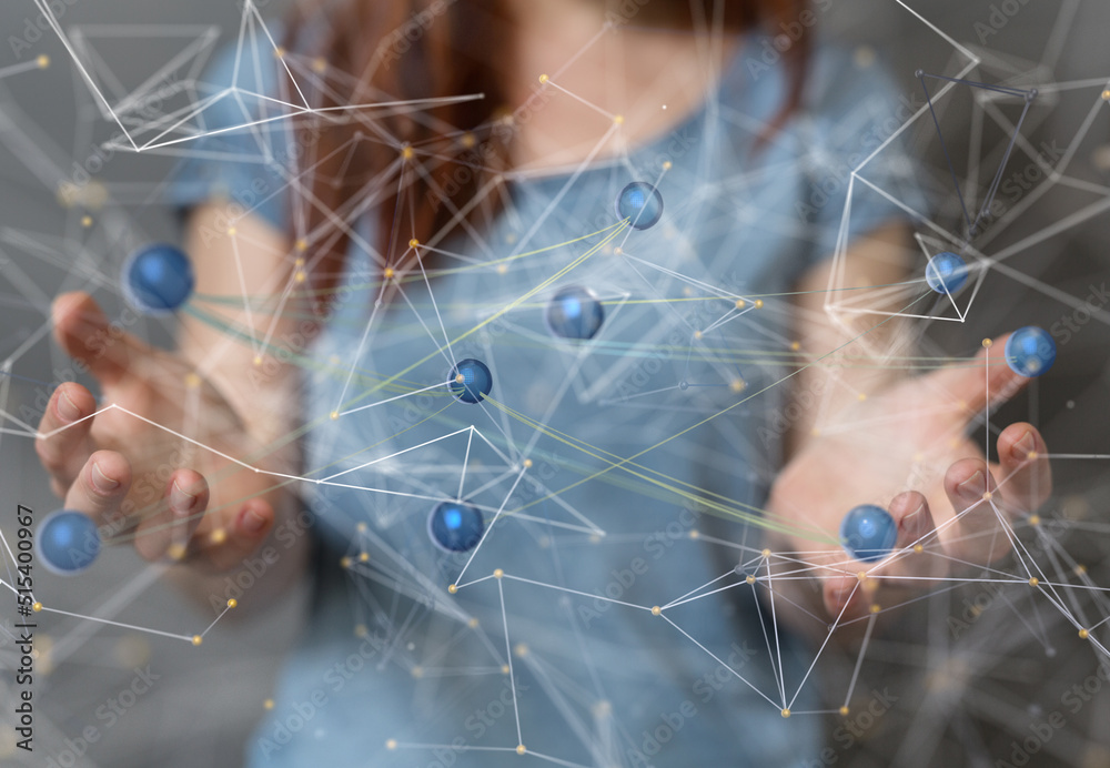 Global network. Blockchain. 3D illustration. Neural networks and ...