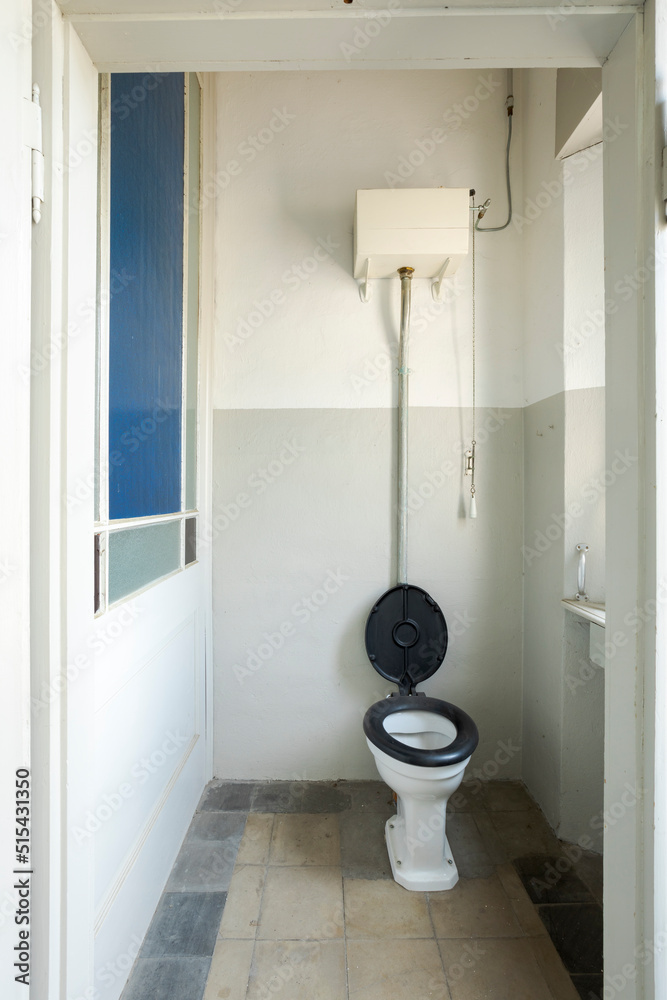 Front view of the toilet room with blue toilet seat. On the left is a ...