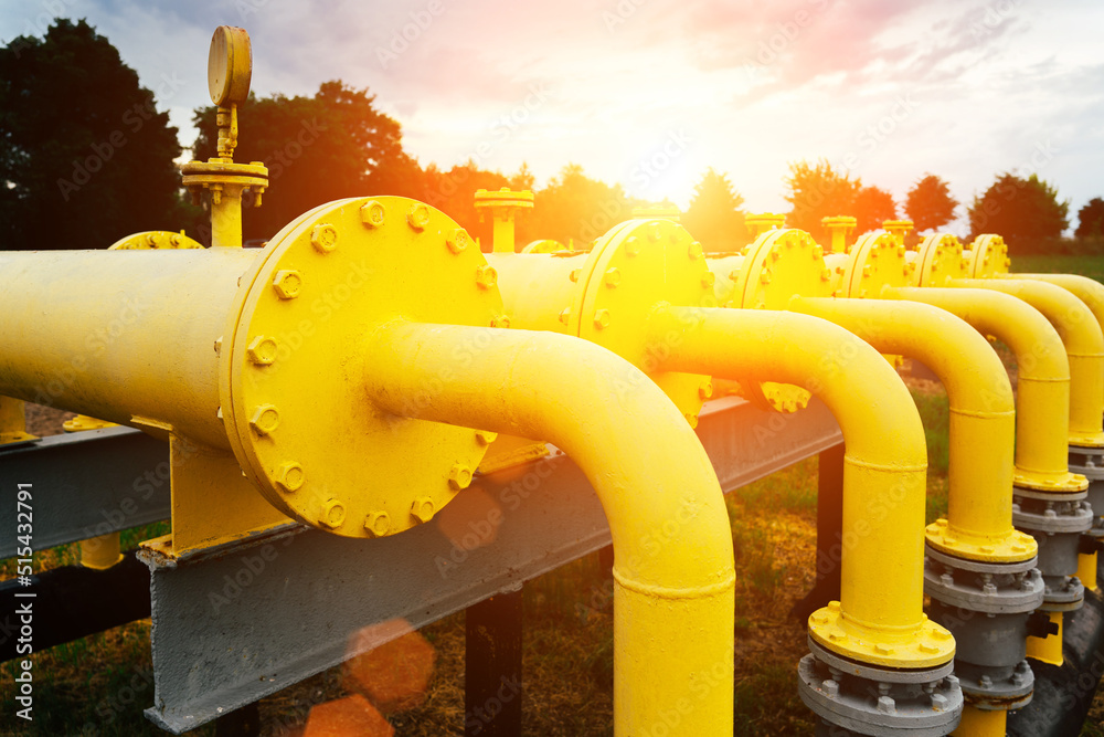 Gas transportation industry. Yellow gas pipeline power technology. Fuel ...