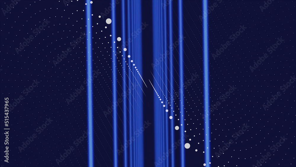 Abstract colorful motion of blue straight lines and white dots on dark ...