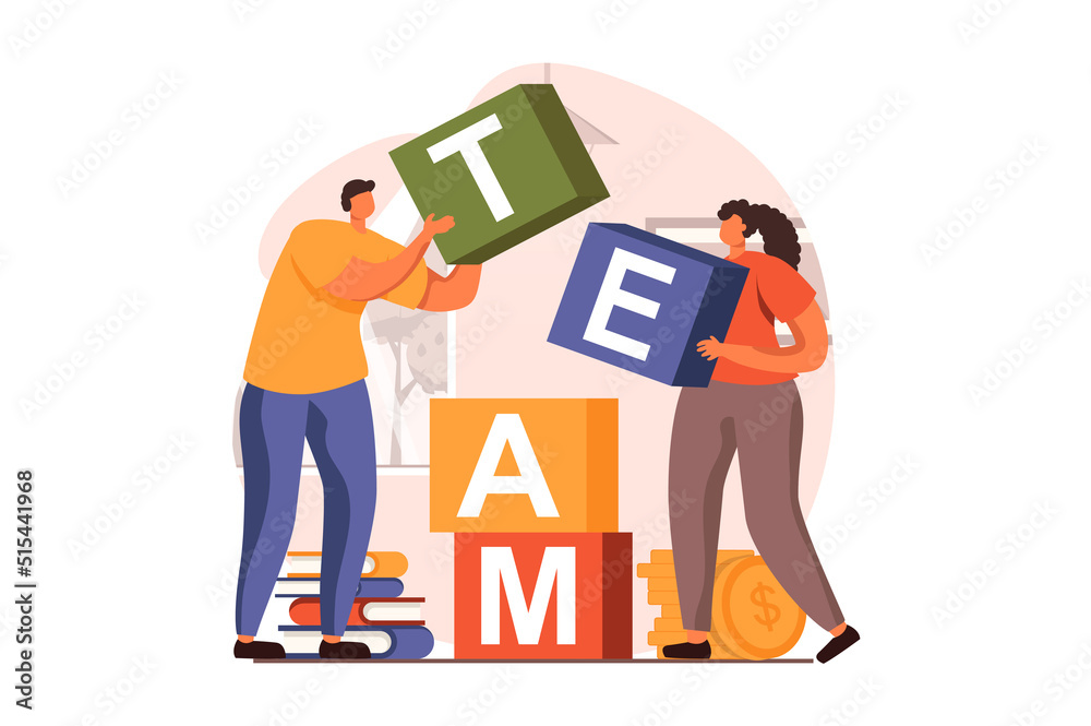 Teamwork web concept in flat design. Man and woman build from cubes and ...