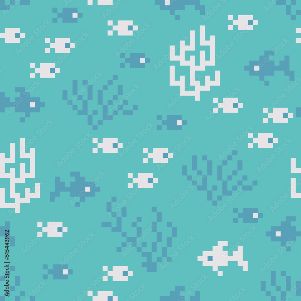 Underwater seamless background with Fish and algae. Pixel art . Vector ...