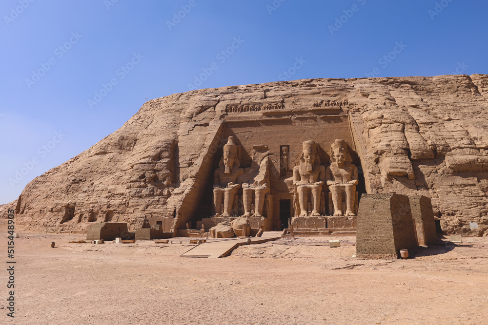The main view of an Entrance to the Great Temple at Abu Simbel with ...