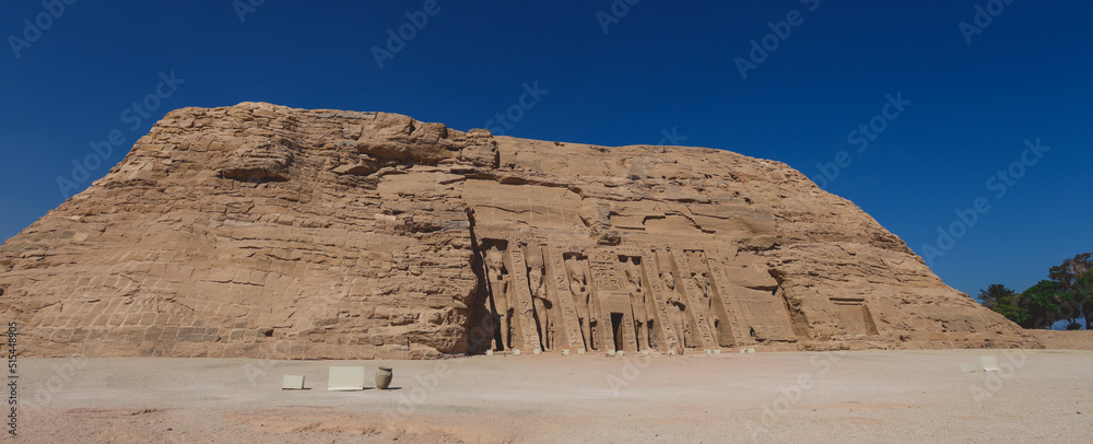 The main view of an Entrance to the Great Temple at Abu Simbel with ...