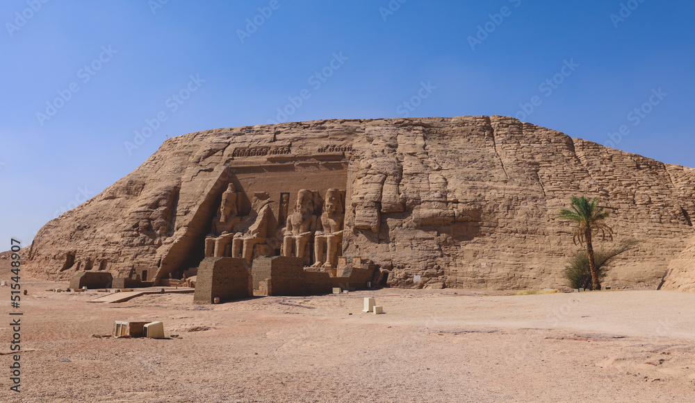 The main view of an Entrance to the Great Temple at Abu Simbel with ...
