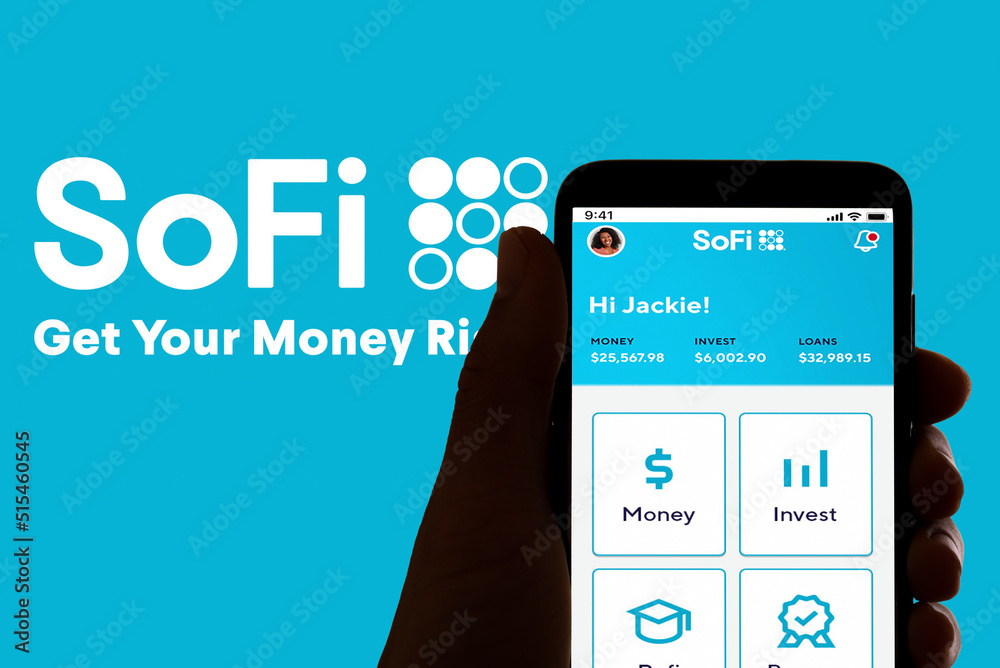 The online payment and banking app SoFi logo is seen on the screen of a ...