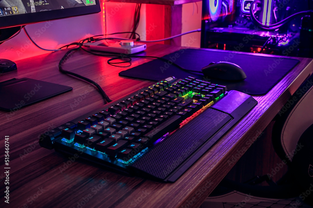 Gaming Setup with RGB Leds keyboard, mouse and coolers Stock Photo ...