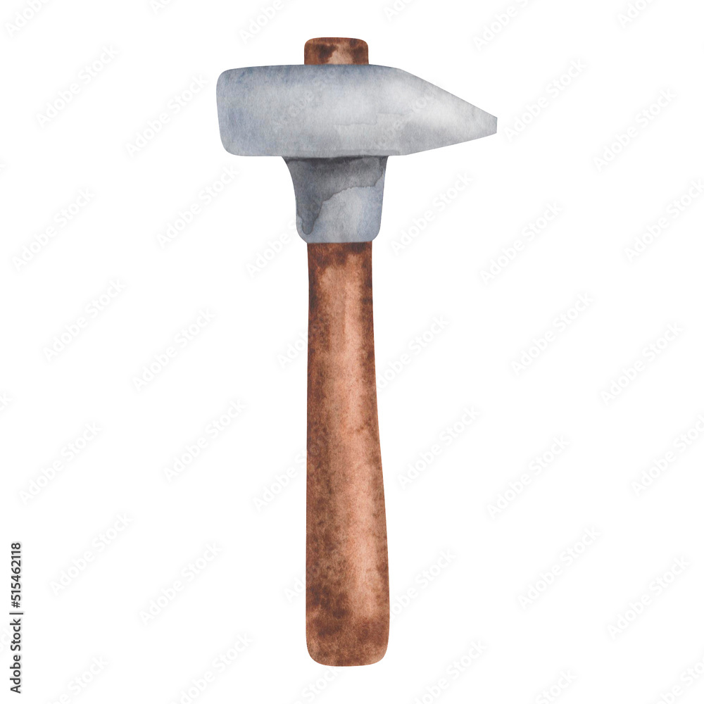 Watercolor illustration of hand painted grey metal hammer tool with ...