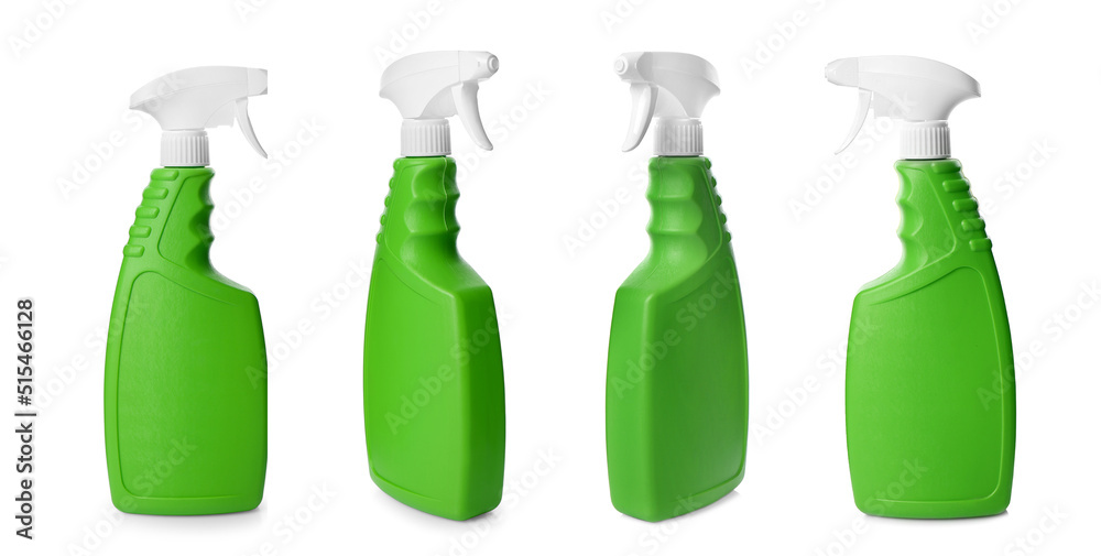 Set with spray bottles of cleaning product on white background. Banner ...
