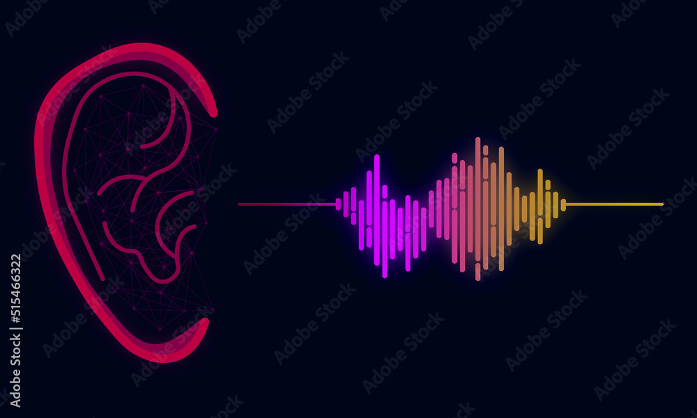 Illustration of human ear and sound wave on dark background Stock ...