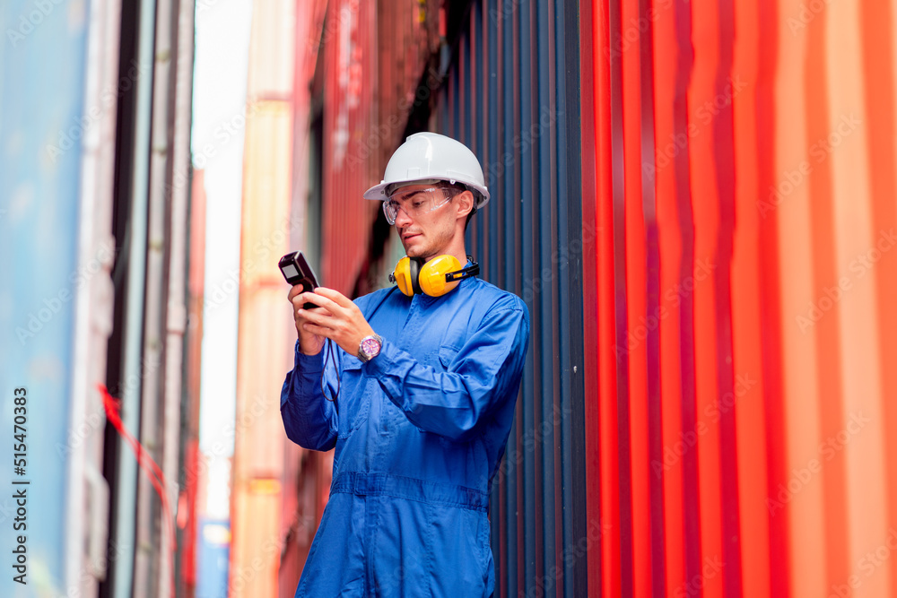 Caucasian cargo container with blue collar and safety protection ...