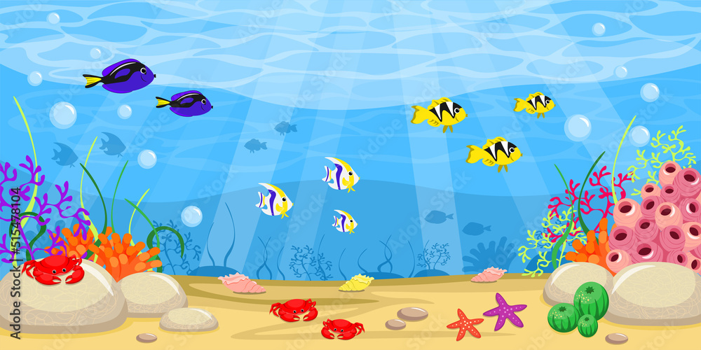 Vector illustration of a beautiful summer seabed. Cartoon sea landscape ...
