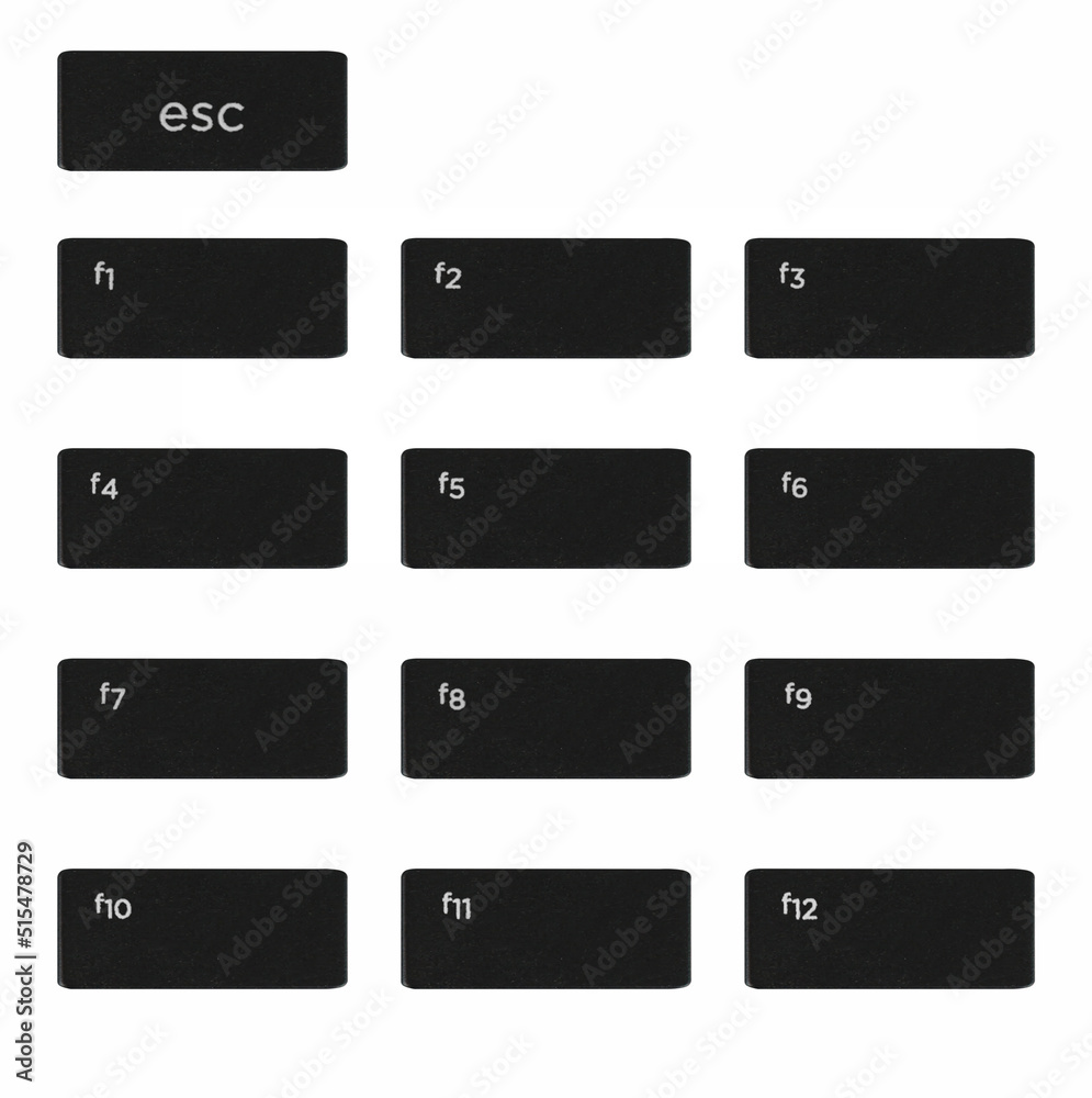 function keys from a computer keyboard, ASC and F1 to F12, on a white ...