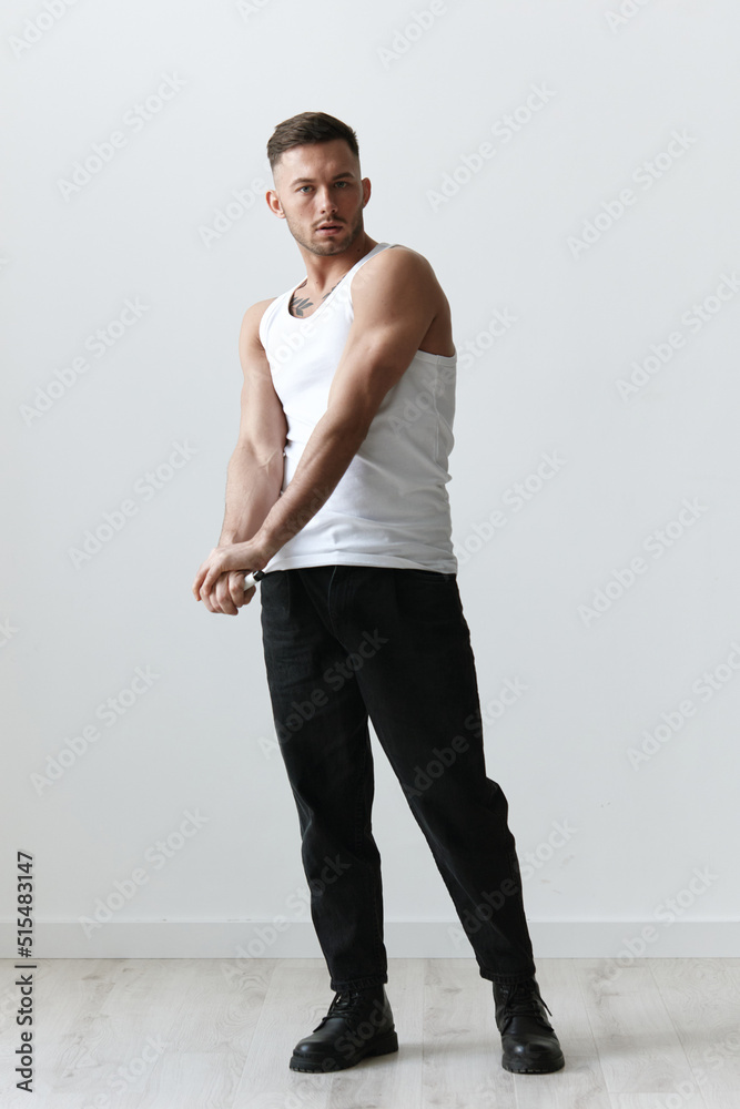Full body shot of handsome tanned sporty attractive serious man guy ...