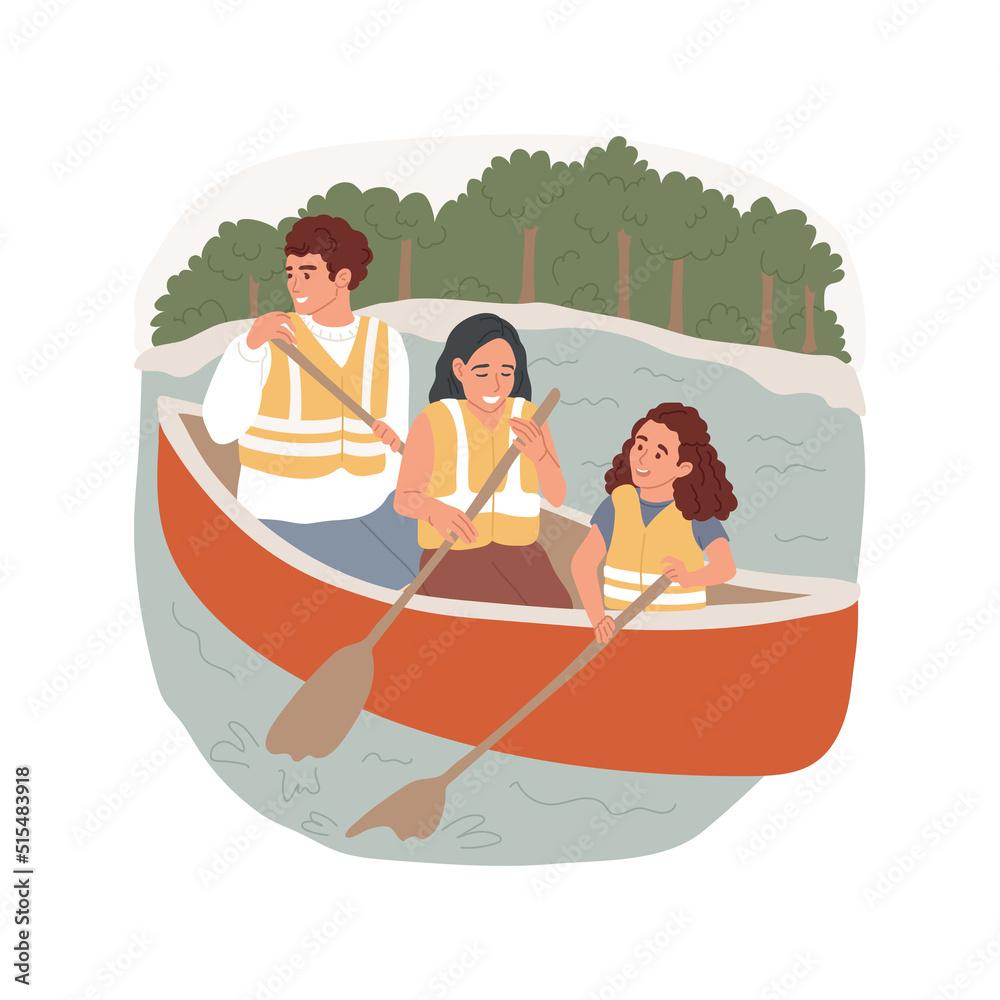 Canoeing isolated cartoon vector illustration. Parents and kids sit in ...