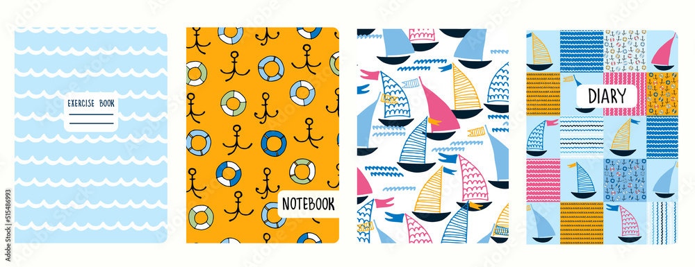 Set of cover page templates with sailing boats, night cosmic sky, and ...