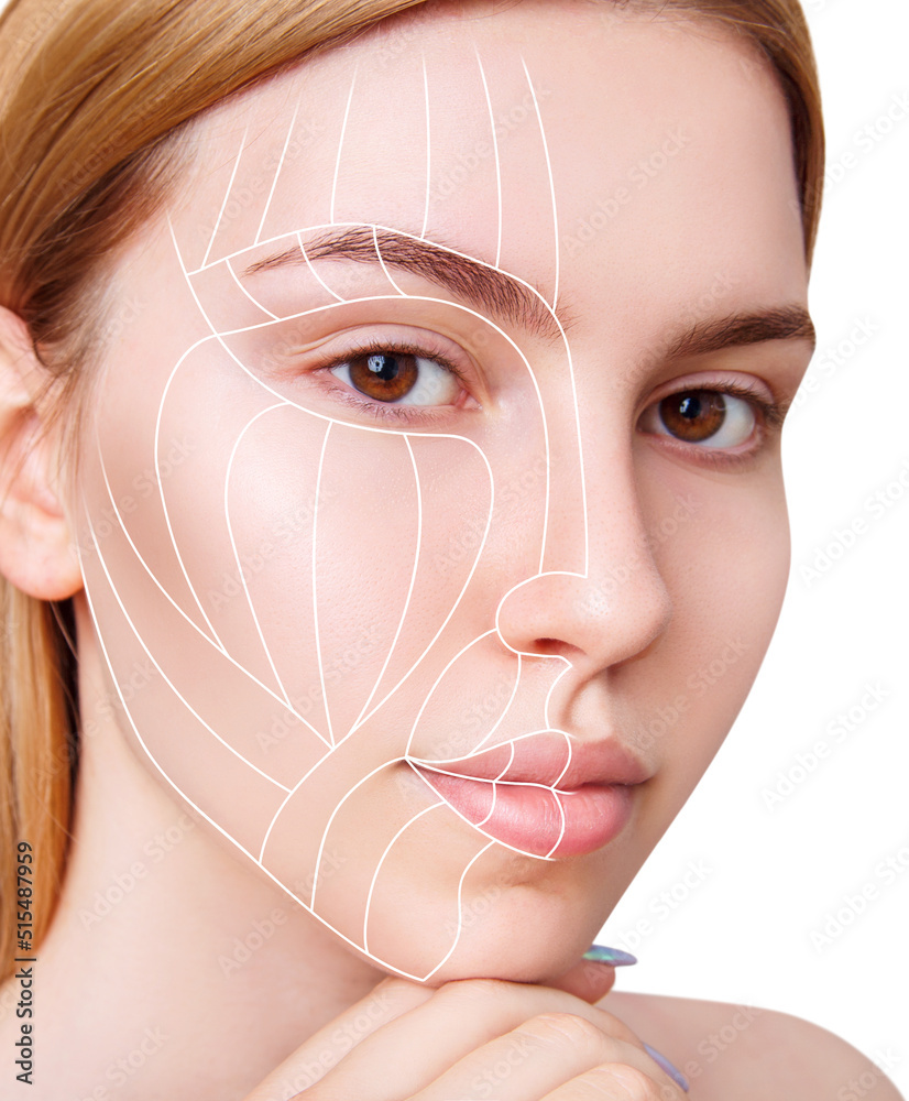 Graphic lines shows face lifting effect on young female face. Stock ...