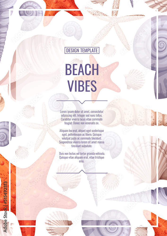 Flyer template with seashells and orange starfish. Banner, flyer ...