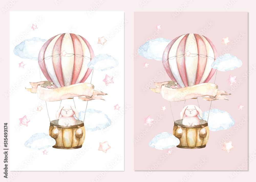 Cute watercolor set of flying bunny air balloon illustration,boho ...