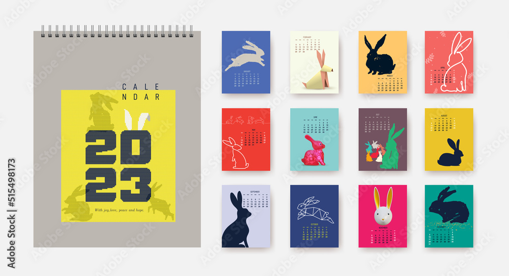 Calendar 2023 with various rabbits, planner organizer. Colored covers ...