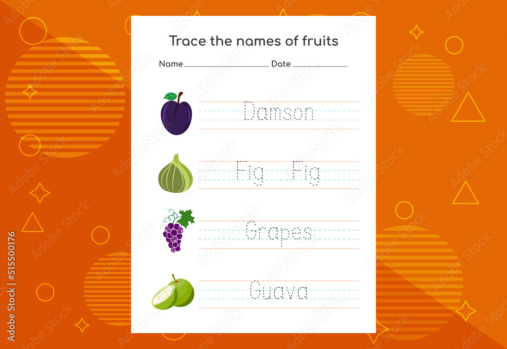 Vetor de Trace the names of fruits. Handwriting practice for preschool ...