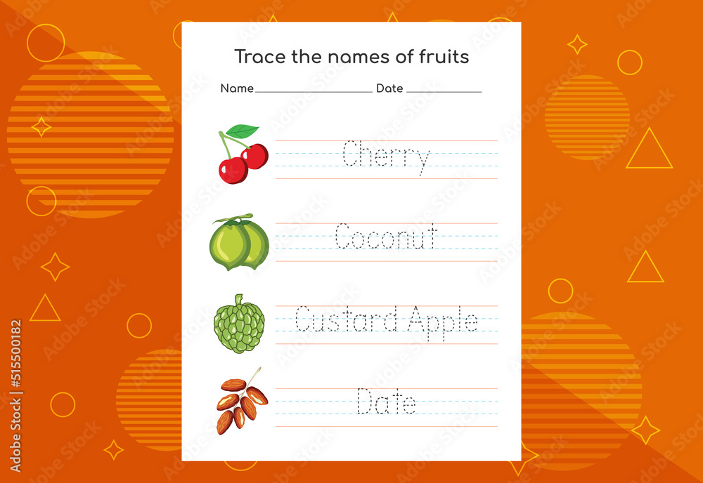 Trace the names of fruits. Handwriting practice for preschool kids ...