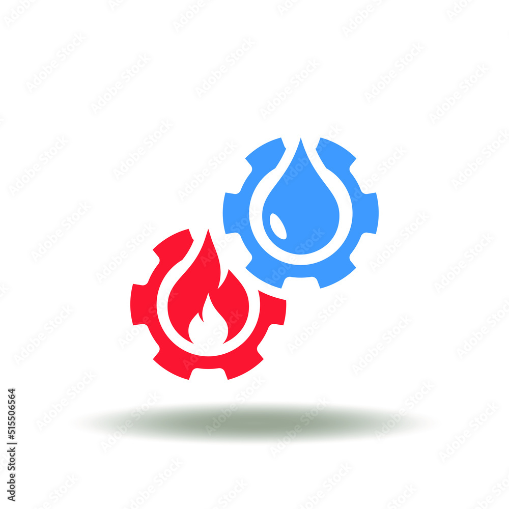 Vector illustration of gears mechanism with fire flame and liquid drop ...