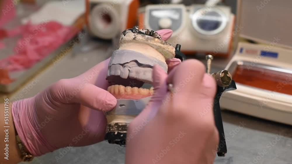 Modeling the installation of a denture with wax. Dental technician ...
