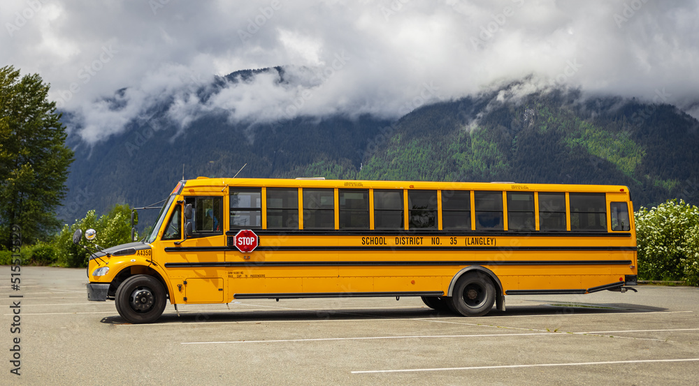 School bus on parking lot on sunny background. Yellow school bus ...