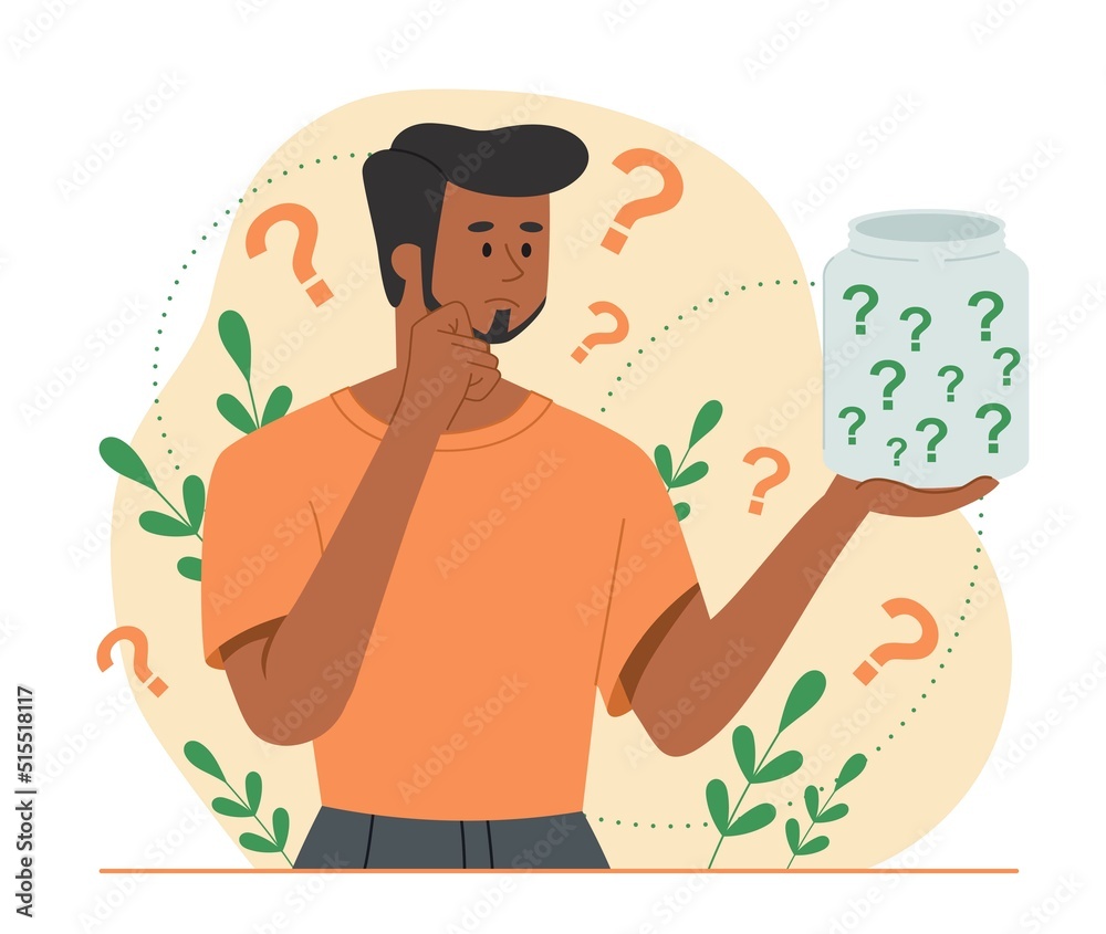 Vetor de Asking doubt concept. Man examines jar with questions ...