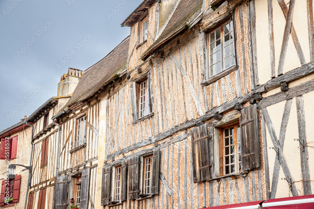 Facade of half timbered houses, medieval buildings, in a typical french ...