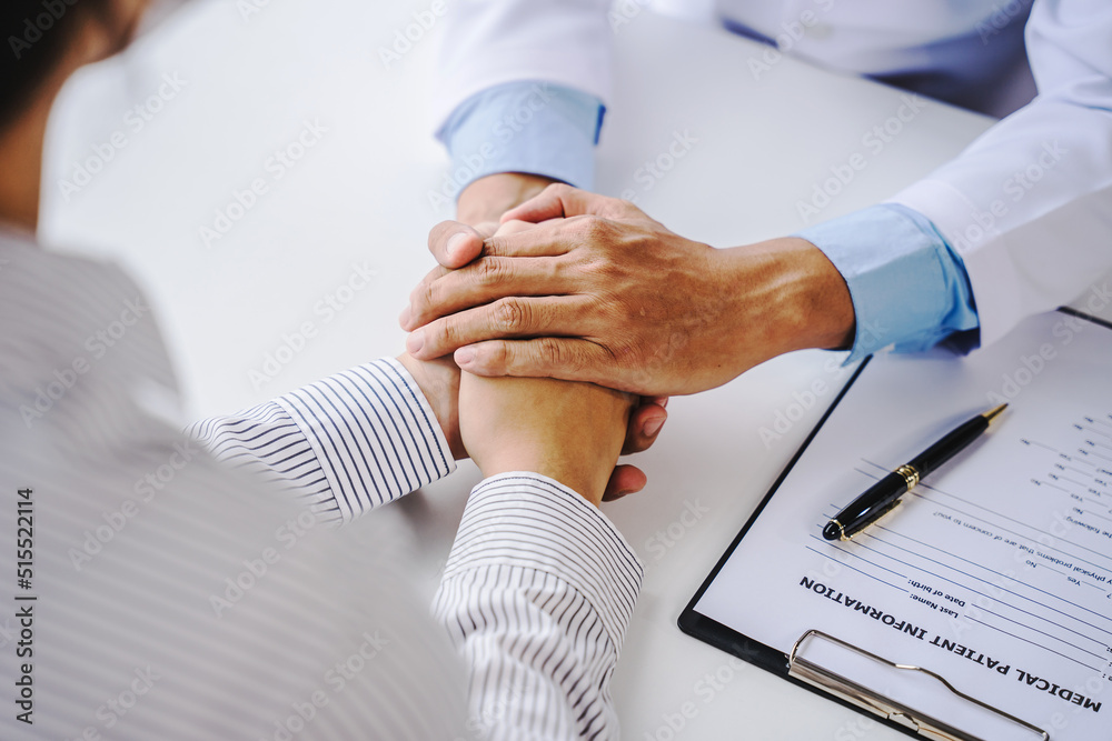 Medical doctor hold hand of caucasian woman patient give comfort ...
