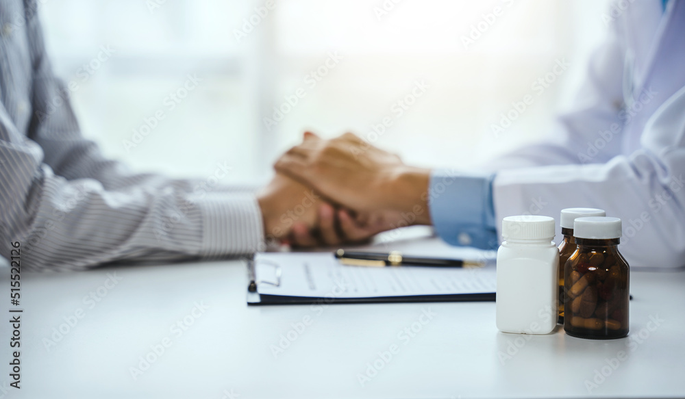 Medical doctor hold hand of caucasian woman patient give comfort ...