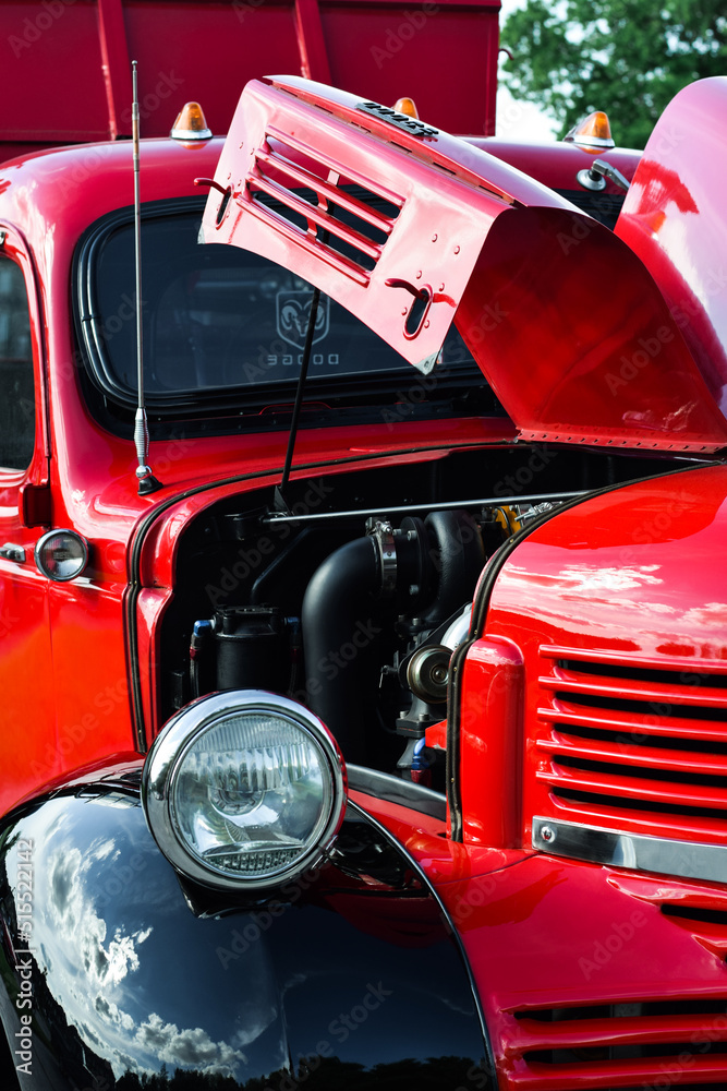 Vintage retro red Dodge car with open hood and exposed engine Stock ...