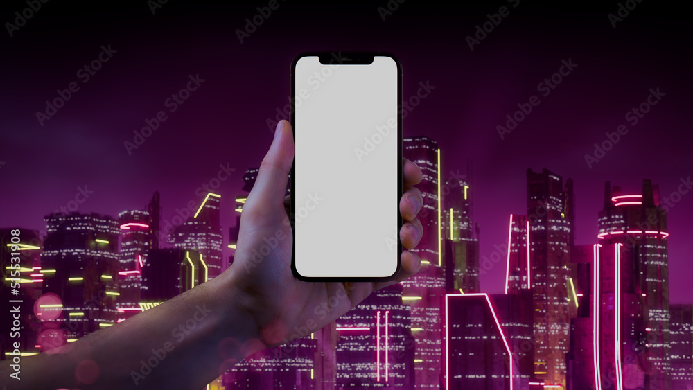 Futuristic Smartphone Template, with Pink and Yellow neon Cityscape ...