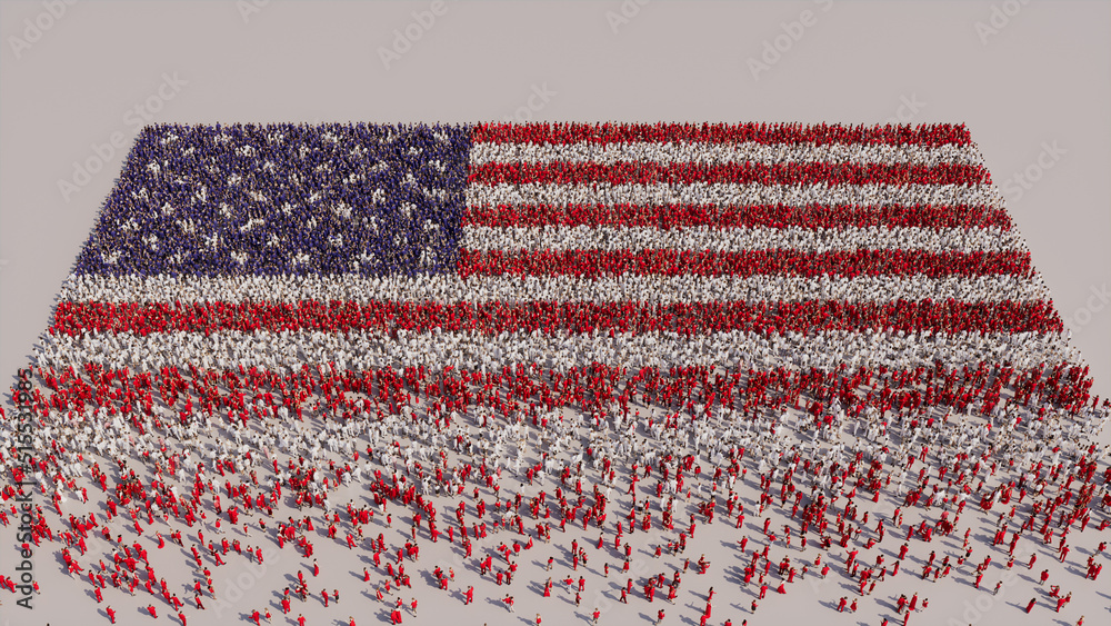 Aerial view of a Crowd of People, gathering to form the Flag of USA ...